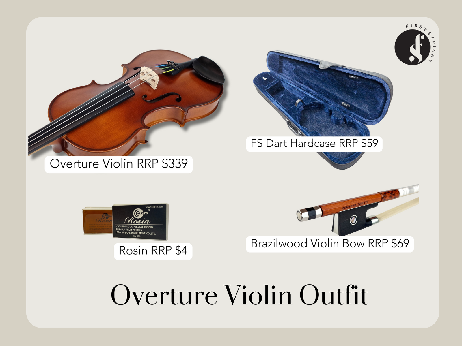 Overture Violin Outfit With Case, Bow, Rosin | Beginner Student High ...